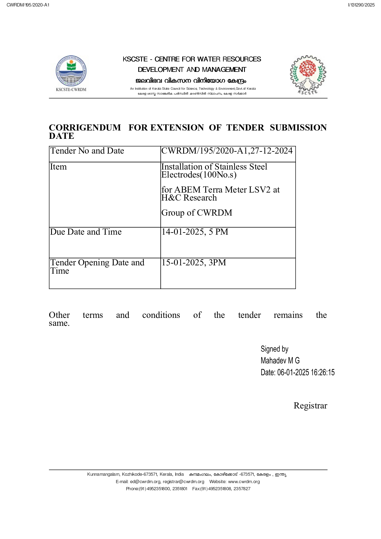 Corrigendum for extension of tender submission date for the Installation of Stainless Steel ...